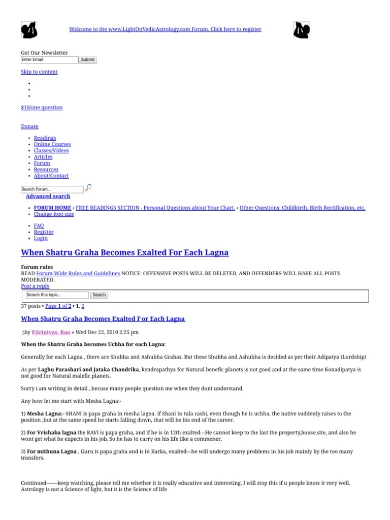Forum - View Topic - When Shatru Graha Becomes Exalted For Each Lagna PDF | PDF | Planets In ...