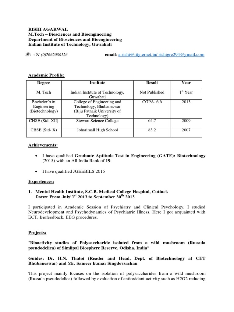 Rishi Agarwal CV | PDF | Biotechnology | Psychiatry