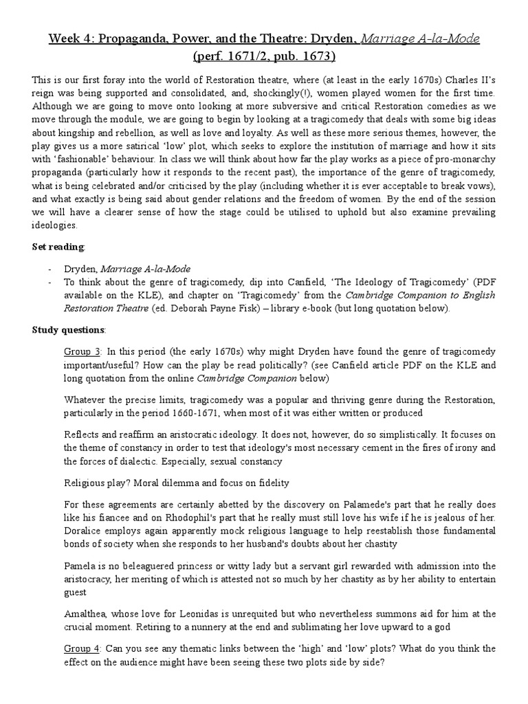 Marriage A La Mode Study Questions | PDF | Restoration Comedy | Theatre