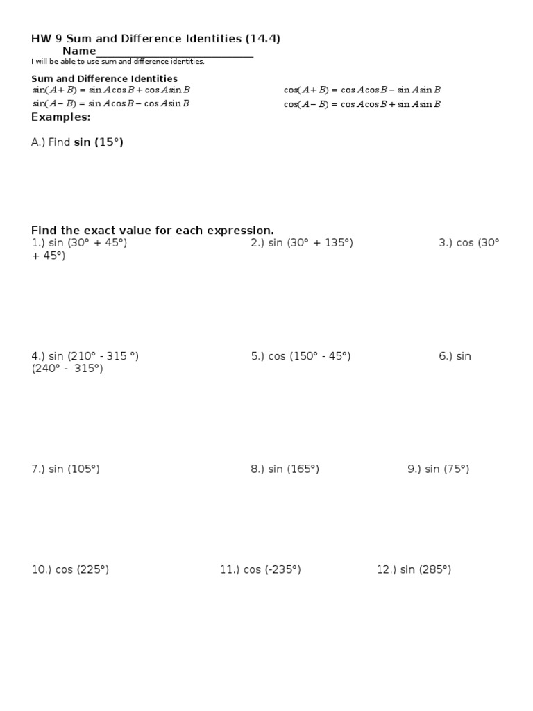 HW9 Sum and Difference Identities | PDF | Lie Groups | Trigonometric ...