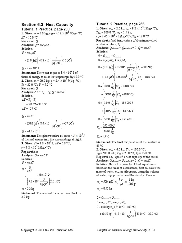 Section 6.3: Heat Capacity: Tutorial 1 Practice, Page 283 Tutorial 2 Practice, Page 286 | PDF ...