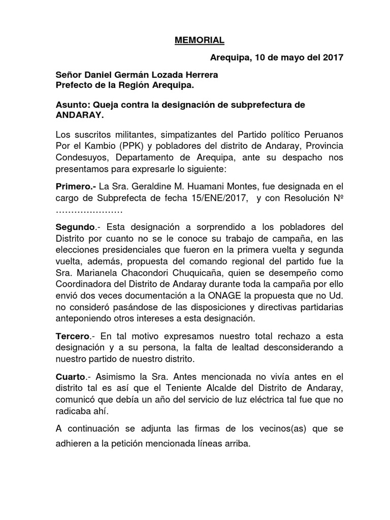 Queja contra la designación de la Subprefecta del distrito de Andaray | PDF