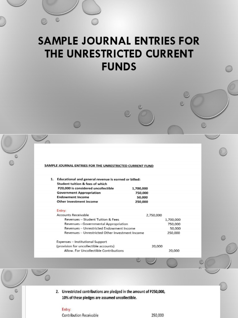 Sample Journal Entries For The Unrestricted Current Funds | PDF