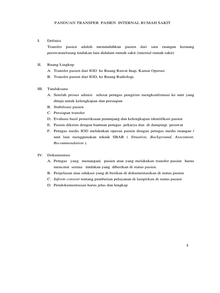 Panduan Transfer Pasien Internal Rumah Sakit | PDF