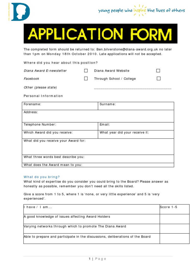 Diana Award Trustee Application Form | PDF | Race And Ethnicity In The ...