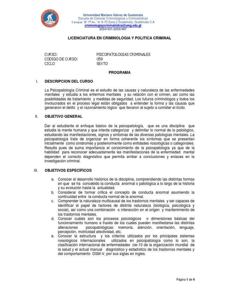 Programa Psicopatologías Criminales ECCC | PDF | Trastorno mental | Manual Diagnóstico y ...