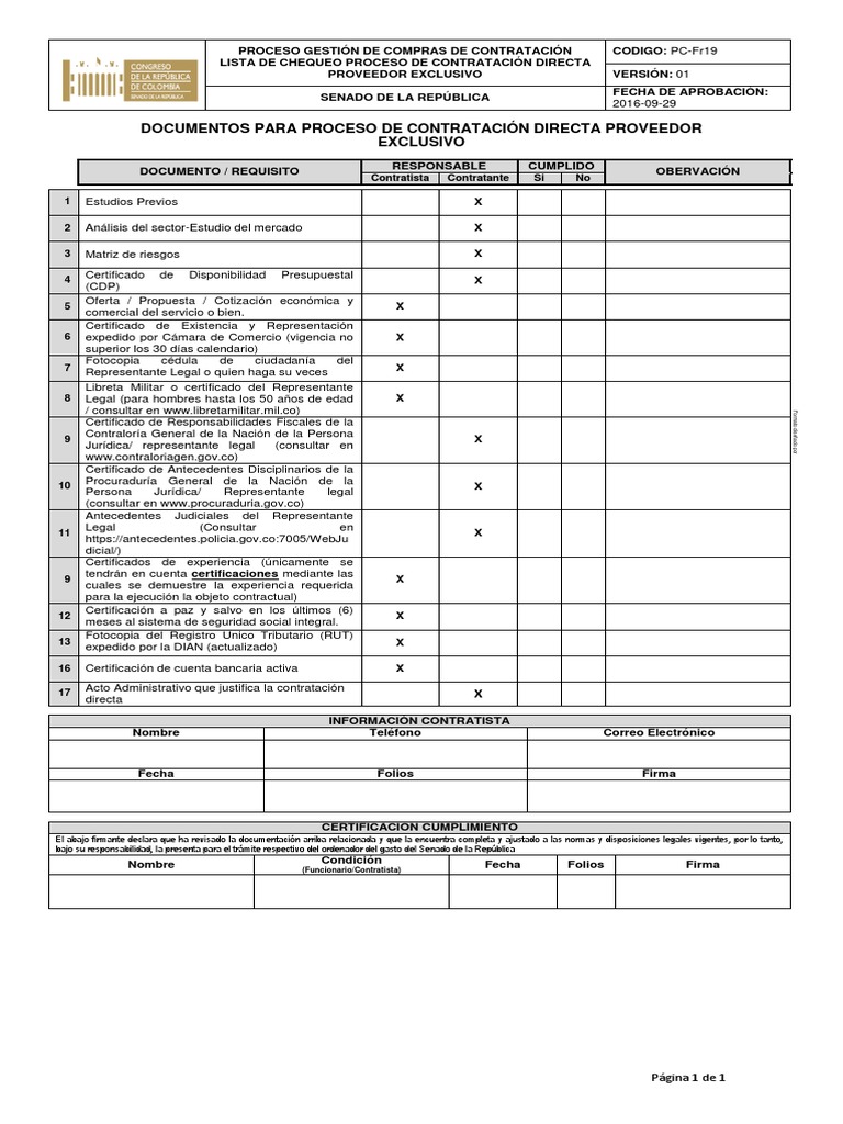 PC-Fr19 Formato Lista Chequeo Contratación Directa - Proveedor ...