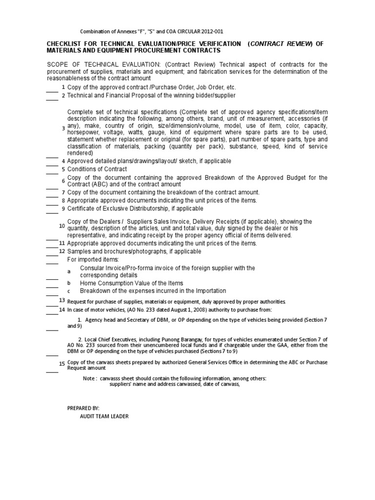 Checklist For Technical Evaluation/Price Verification (Contract Review ...