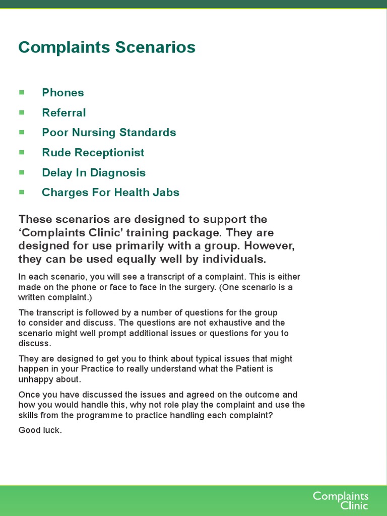 Complaints Scenarios | PDF | Surgery | Health Care