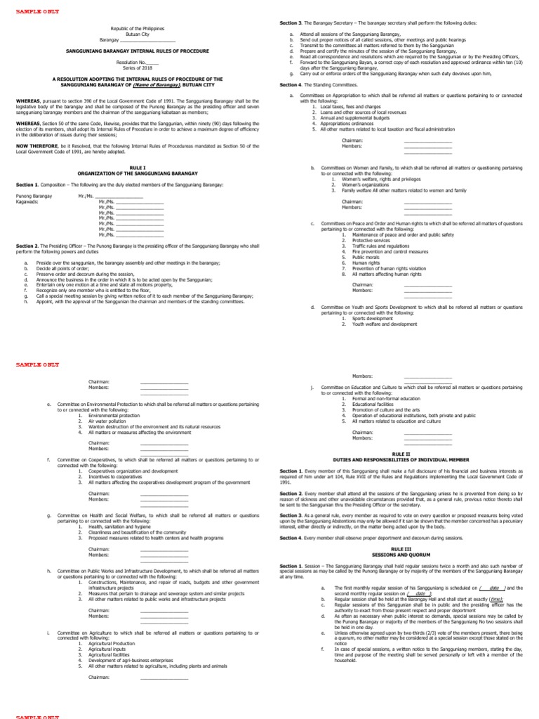 Brgy Internal Rules of Procedure - Sample Only | PDF | Quorum ...