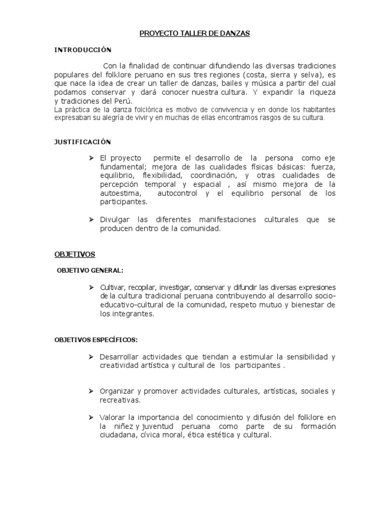 Proyecto Taller de Danzas | PDF | Desorden hiperactivo y deficit de atencion | Bailes
