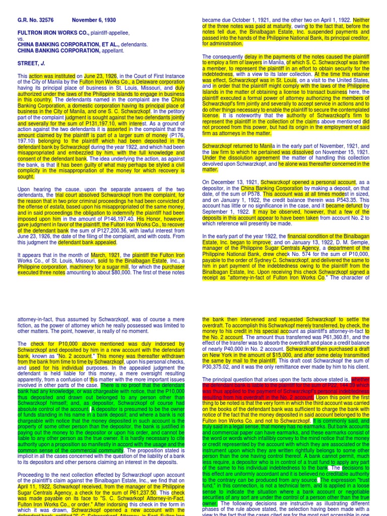 Fulton Iron Works vs. China Bank Case | PDF | Deposit Account | Banks