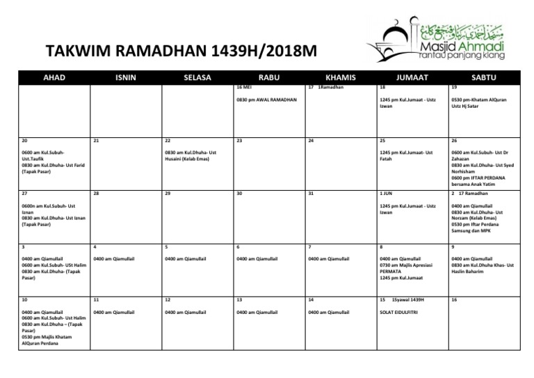 Takwim Ramadhan 1439H | PDF