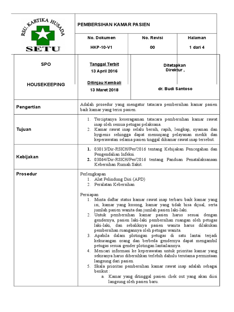10 Spo Pembersihan Kamar Pasien | PDF