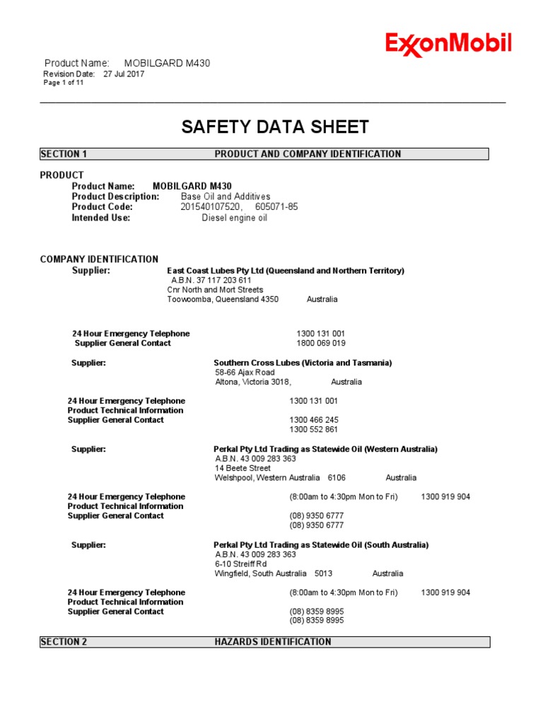MSDS Mobilgard M430 | PDF | Firefighting | Personal Protective Equipment