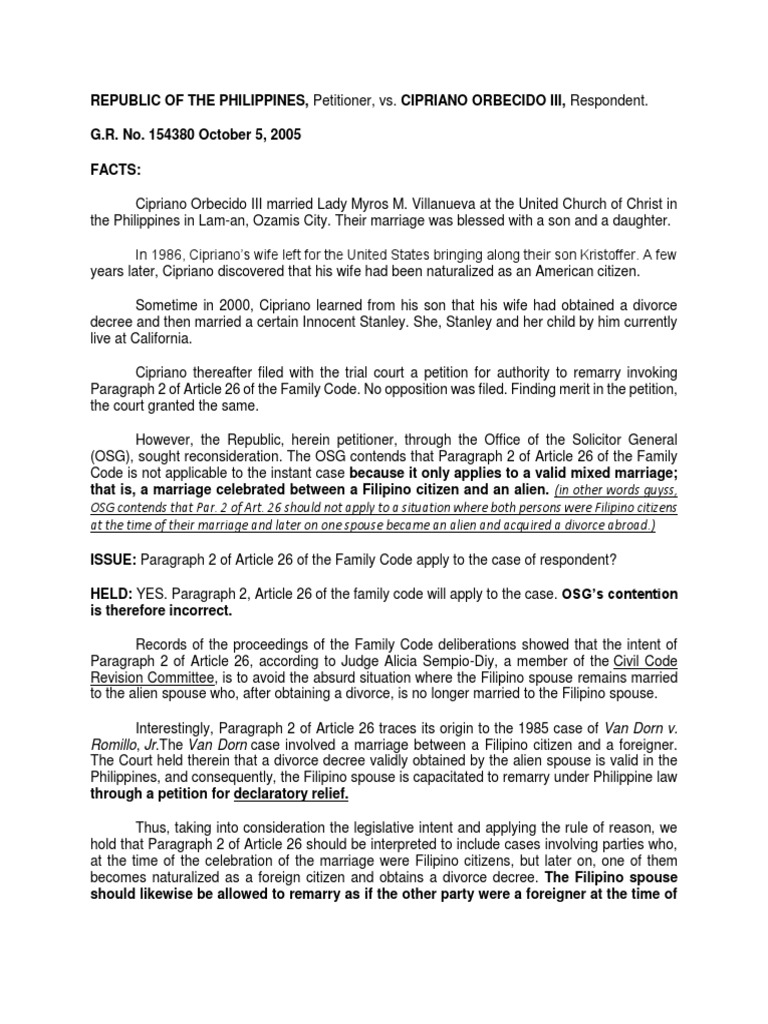 Republic Vs Orbecido III Case Digest | PDF | Marriage | Divorce