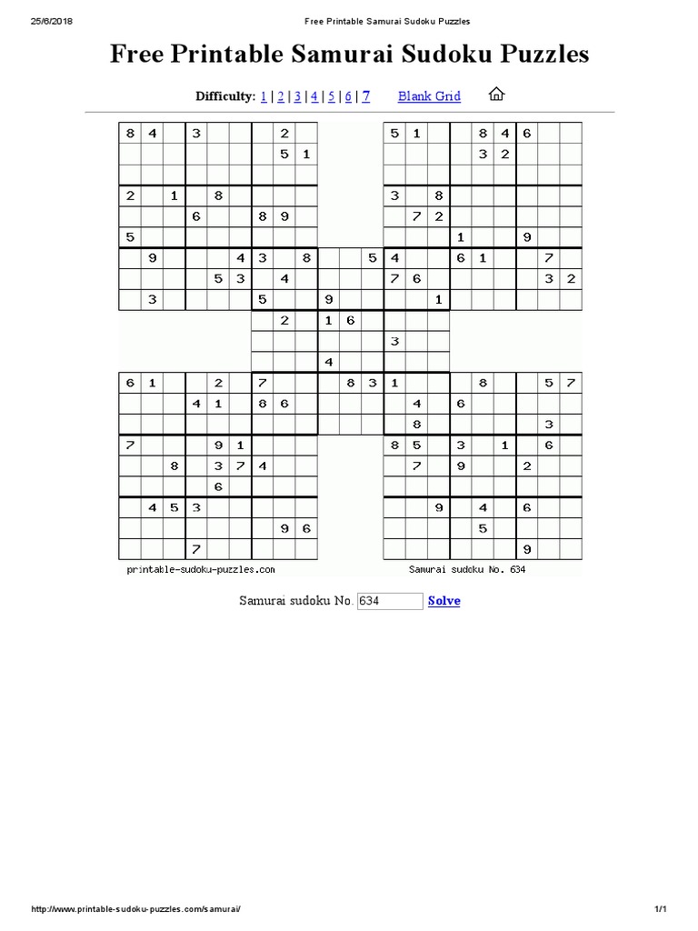 Free Printable Samurai Sudoku Puzzles: Difficulty | PDF