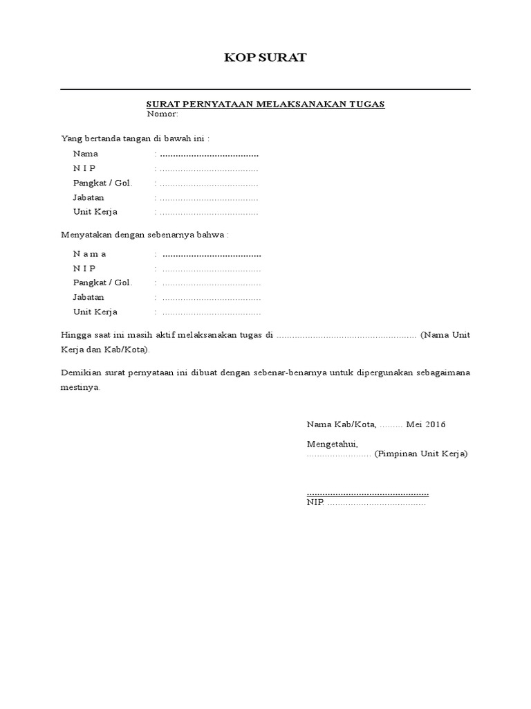 Contoh Surat Pernyataan Melaksanakan Tugas (SPMT) PNSD | PDF