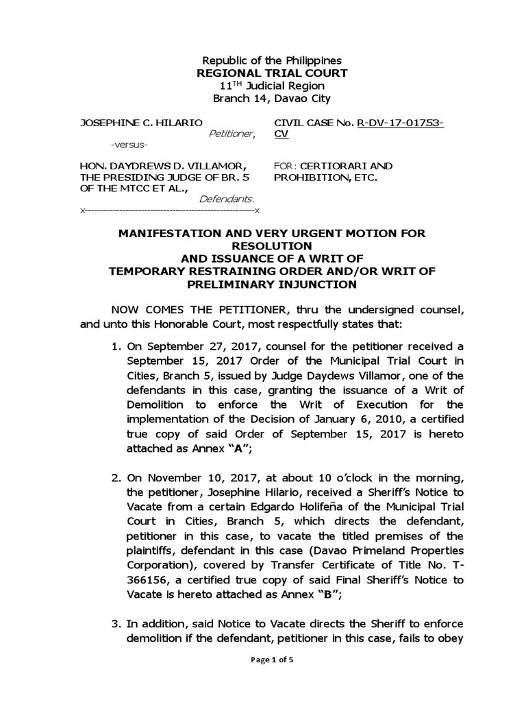 Very Urgent Motion For Resolution (Hilario) | PDF | Writ Of Prohibition ...
