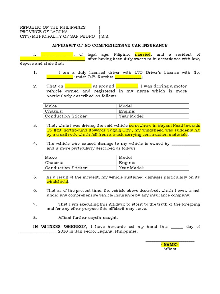 Affidavit of No Comprehensive Car Insurance - Template | PDF ...