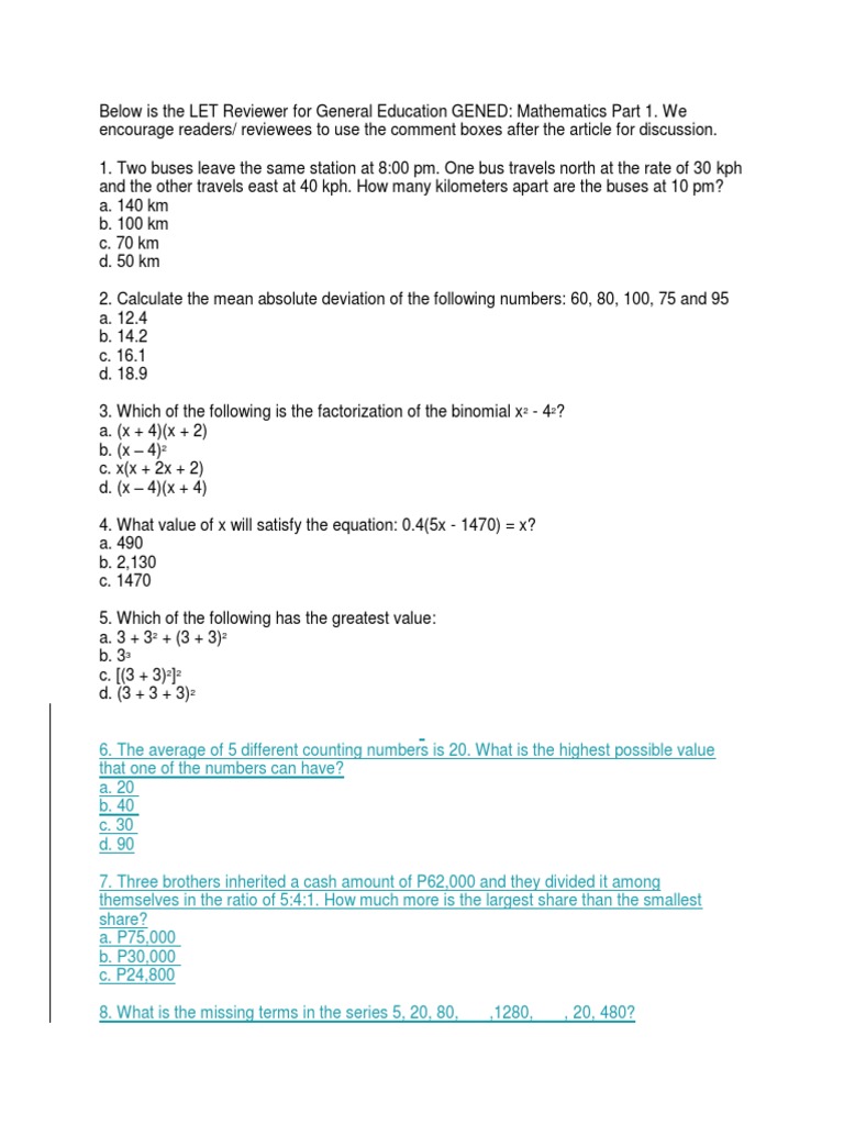 MATHEMATICS REVIEW FOR LET EXAM PART 1 | PDF | Triangle | Multiplication