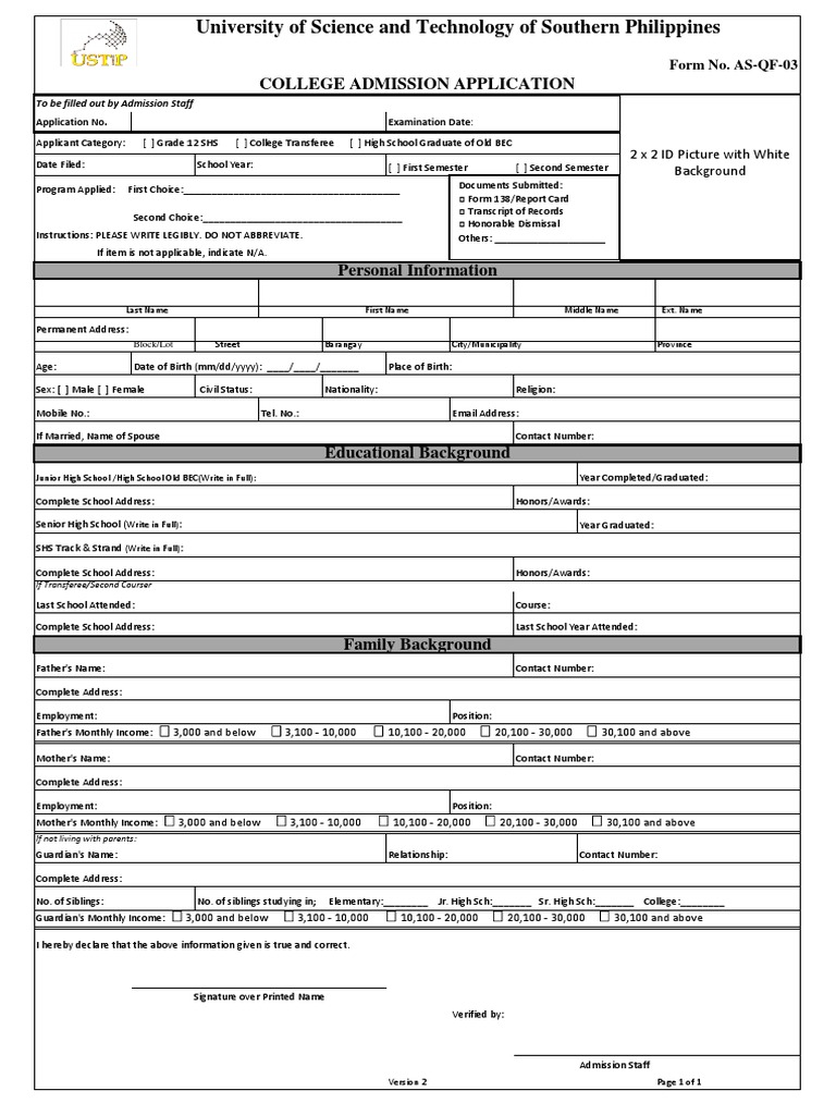 USTP Jasaan College Admission Form | PDF | Learning | Schools