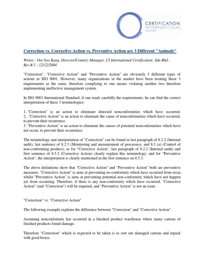 Correction vs. Corrective vs. Preventive Actions in ISO 9001 | PDF ...