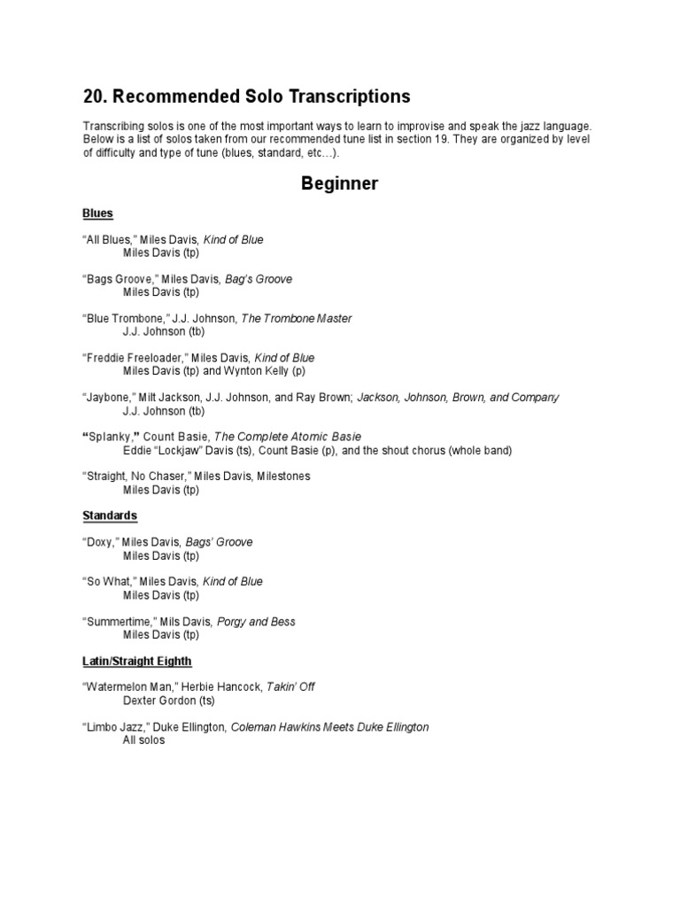 Recommended Solo Transcriptions | PDF | Jazz | American Jazz