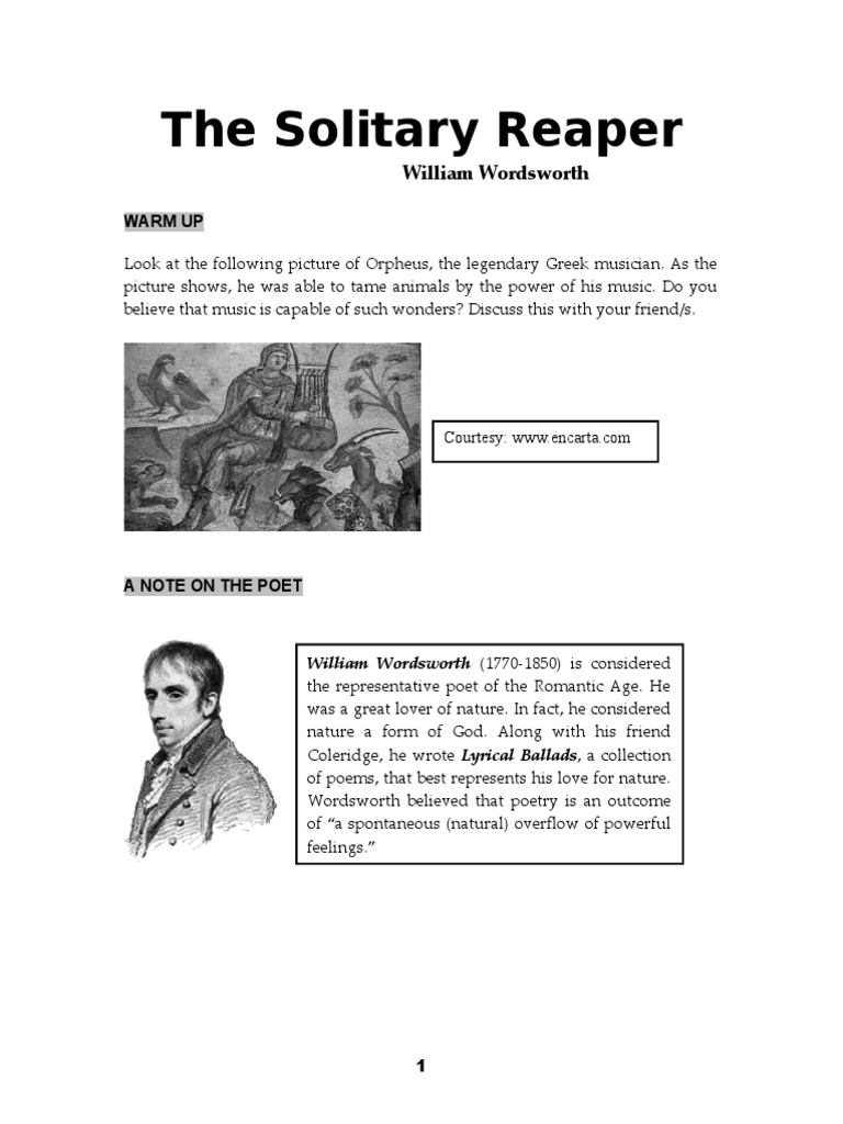 The Solitary Reaper | PDF | William Wordsworth | Poetry