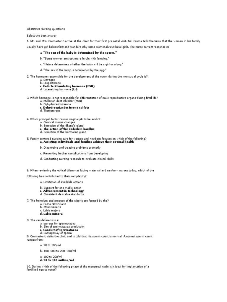 Obstetrics Nursing Exam Questions Guide | PDF | Childbirth | Fertility