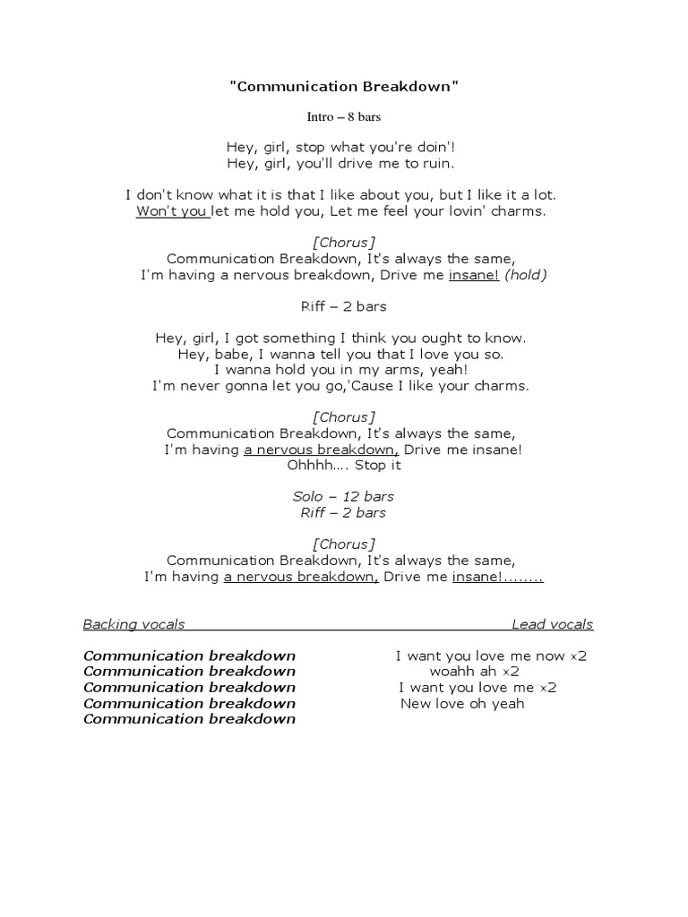 Communication Breakdown Lyrics | PDF | Language Arts & Discipline | Poetry