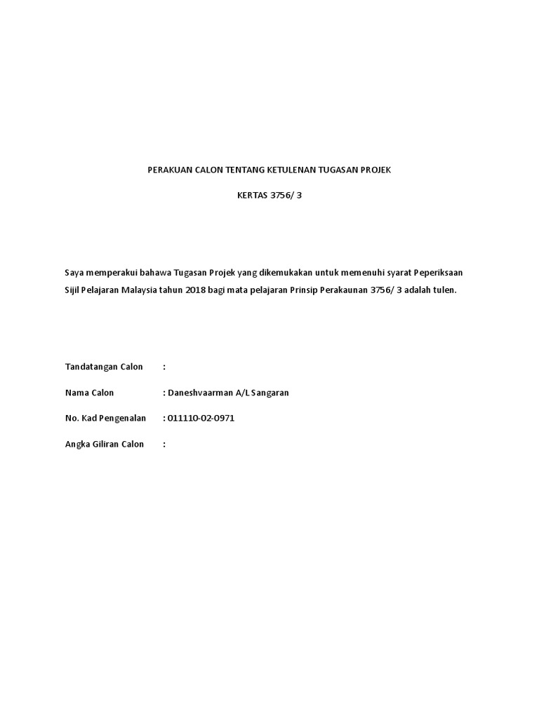 Perakuan Calon Tentang Ketulenan Tugasan Projek | PDF