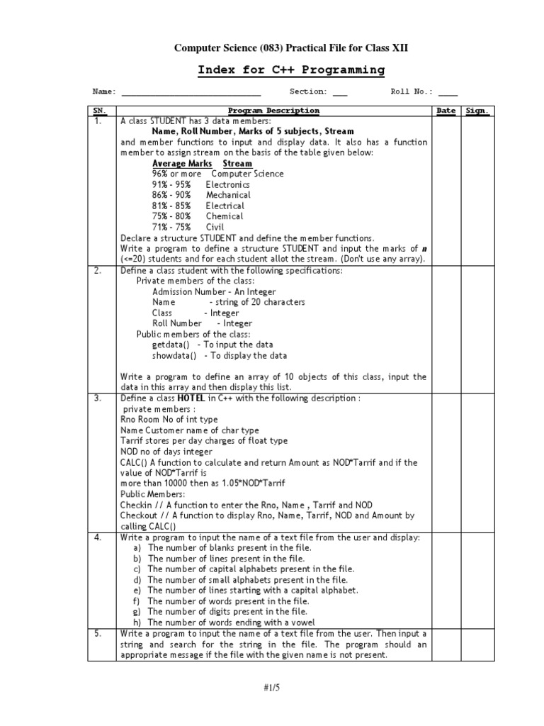 Index For C++ Programming: Computer Science (083) Practical File For Class XII | PDF | Matrix ...