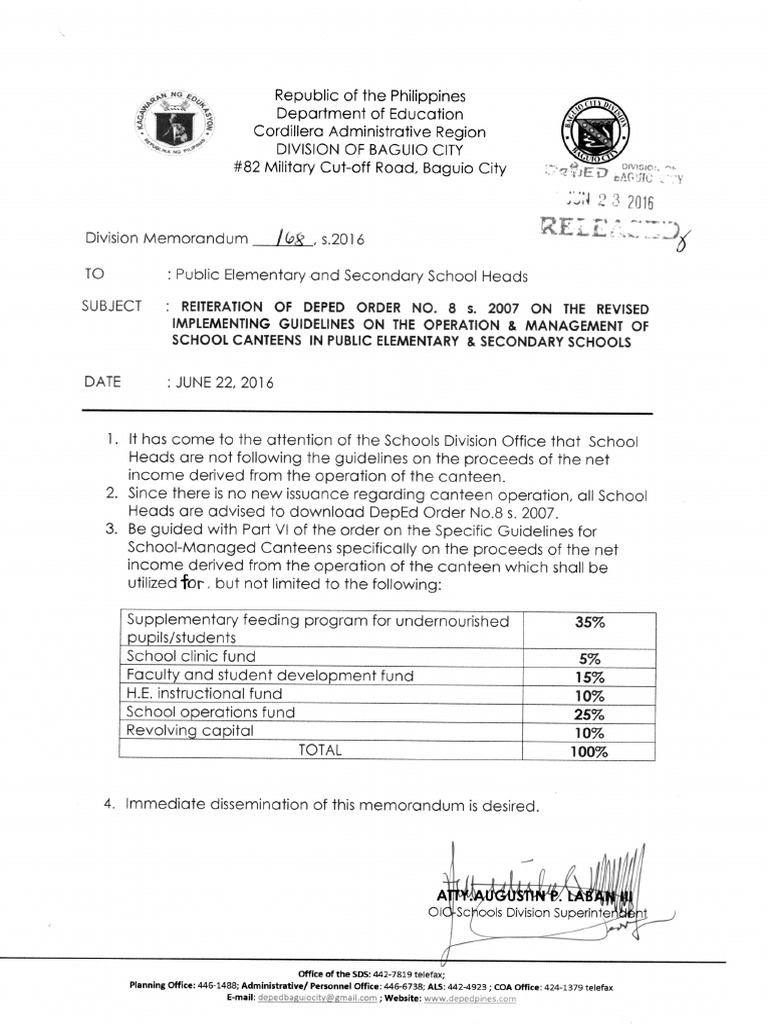 Division Memo No. 168 S. 2016 ; Reiteration of DepEd Order No. 8 S ...