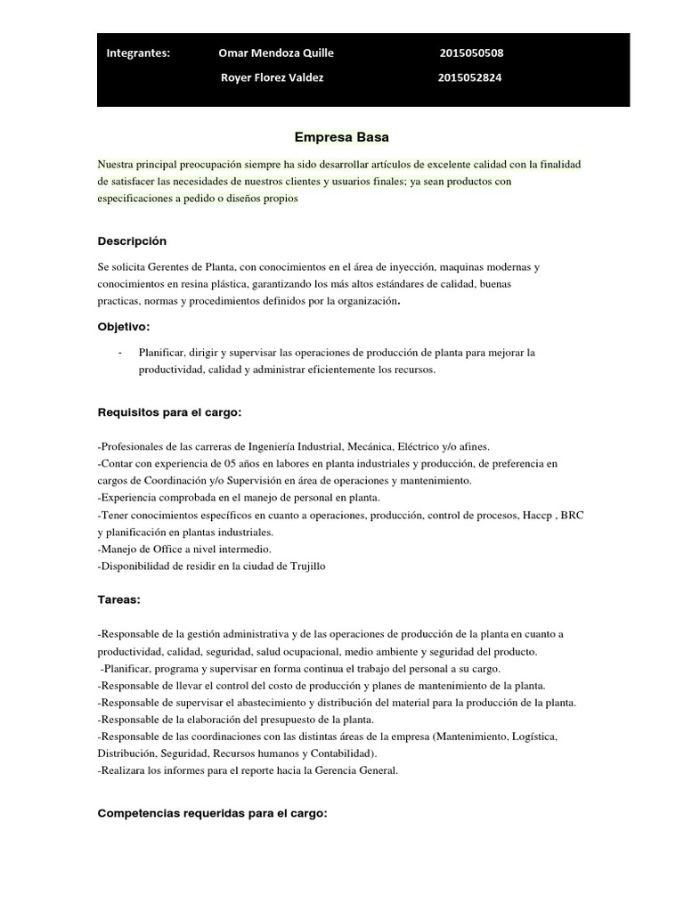Descripcion de Puesto Gerente de Planta | Calidad (comercial) | Business