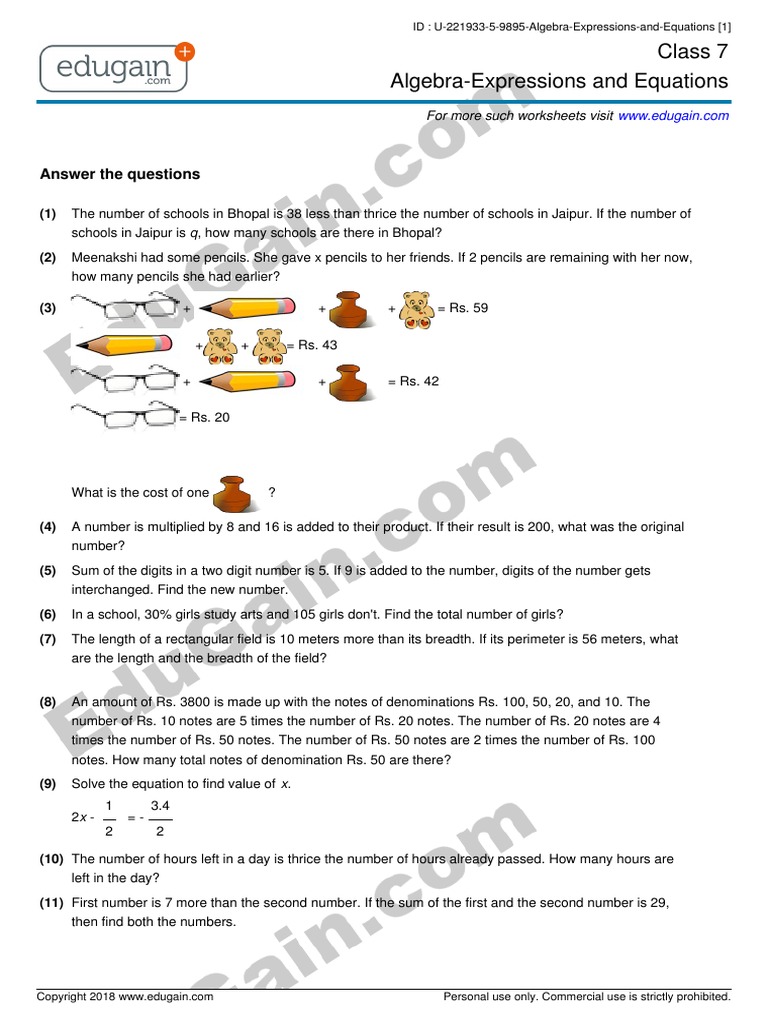Class 7 Algebra-Expressions and Equations: Answer The Questions | PDF ...