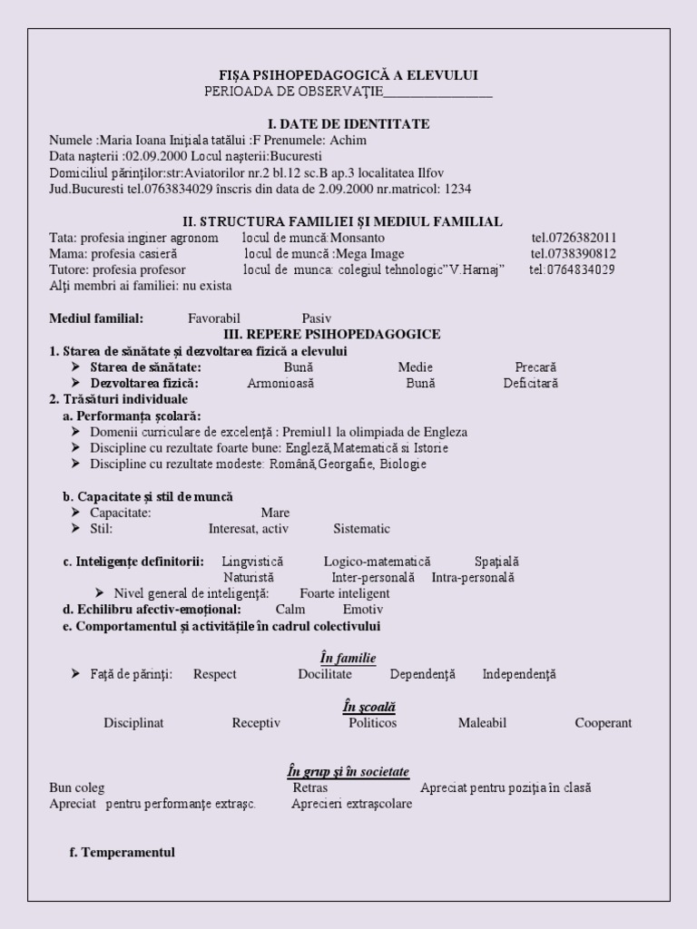 Fisa Psihopedagogica A Elevului | PDF