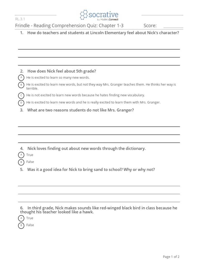 Frindle - Reading Comprehension Quiz: Chapter 1-3 Score | PDF