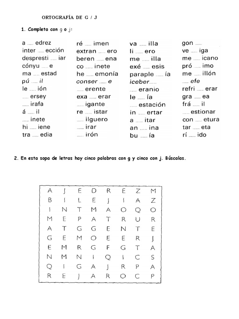 Ejercicios de Ortografía G y J para Primaria | PDF