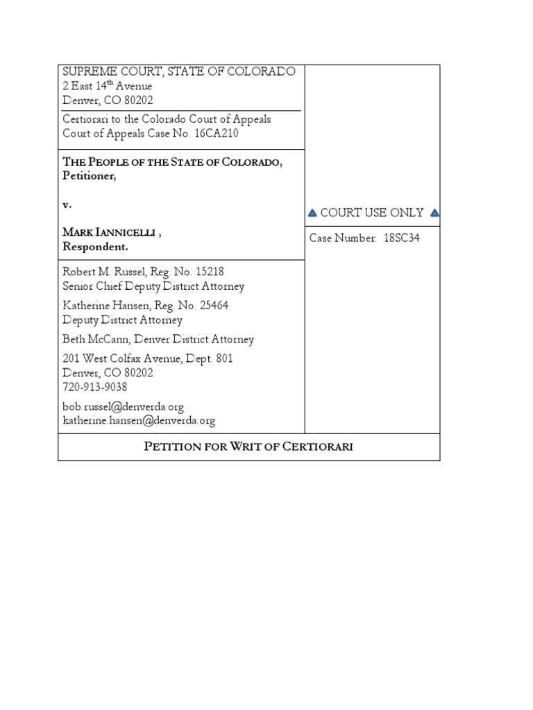 State of Colorado v. Mark Iannicelli: Petition For Writ of Certiorari ...