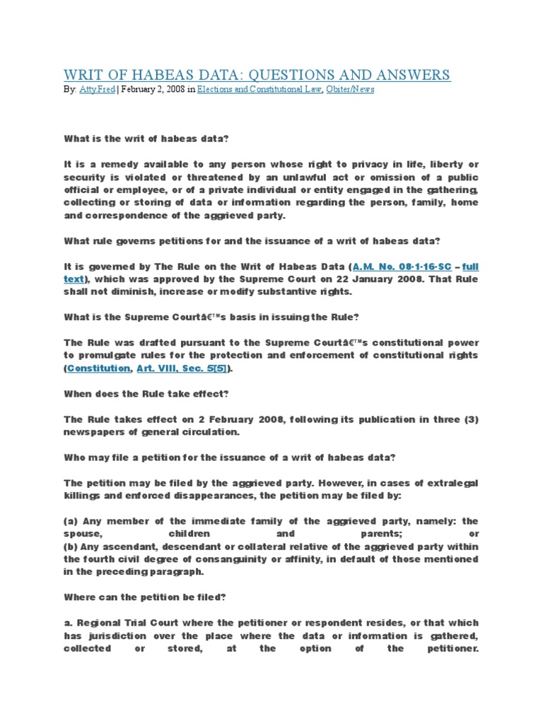 Writ of Habeas Data: Questions and Answers: By: - February 2, 2008 in ...