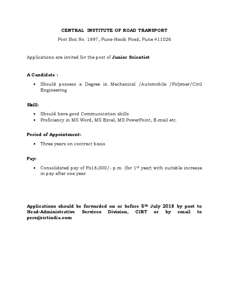 Junior Scientist Job at CIRT Pune | PDF | Career & Growth
