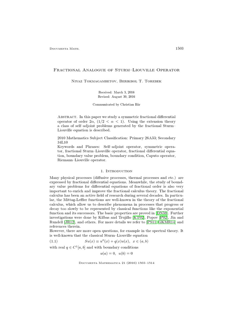 Fractional Analogue of Sturm-Liouville Operator: Documenta Math | PDF ...