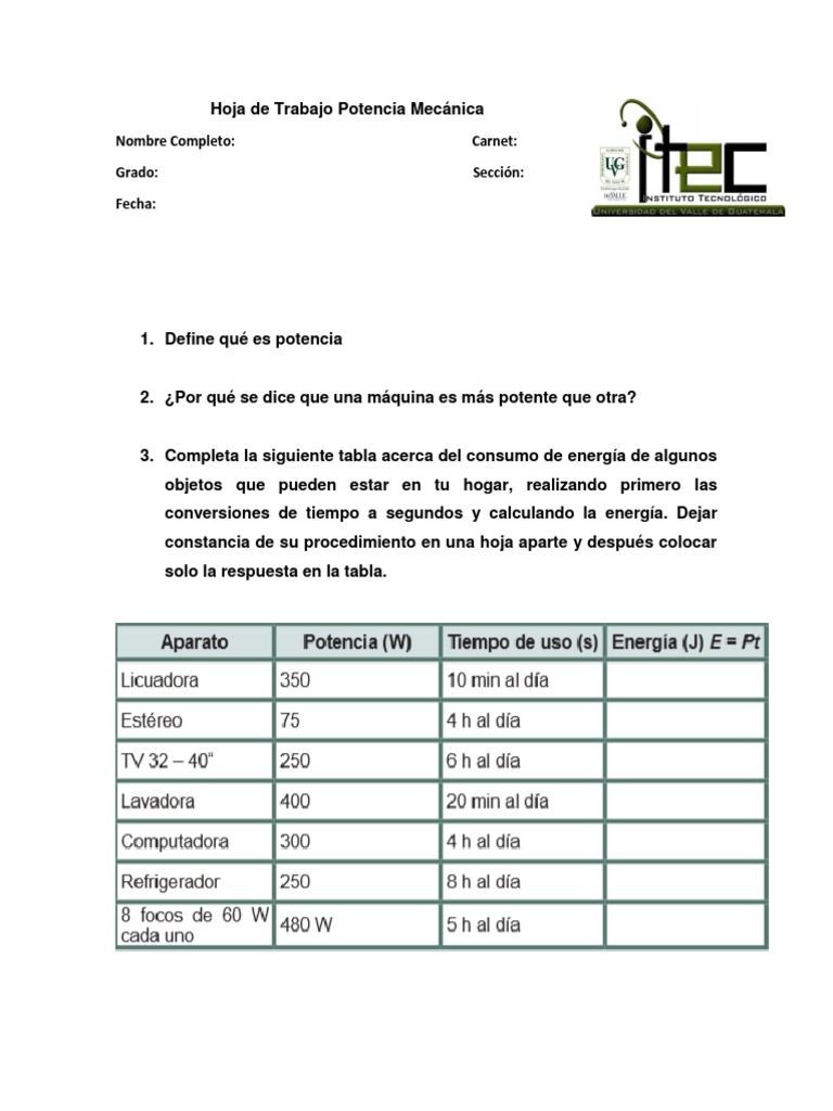 Hoja De Trabajo De Trabajo Y Potencia Potencias Online Worksheet For