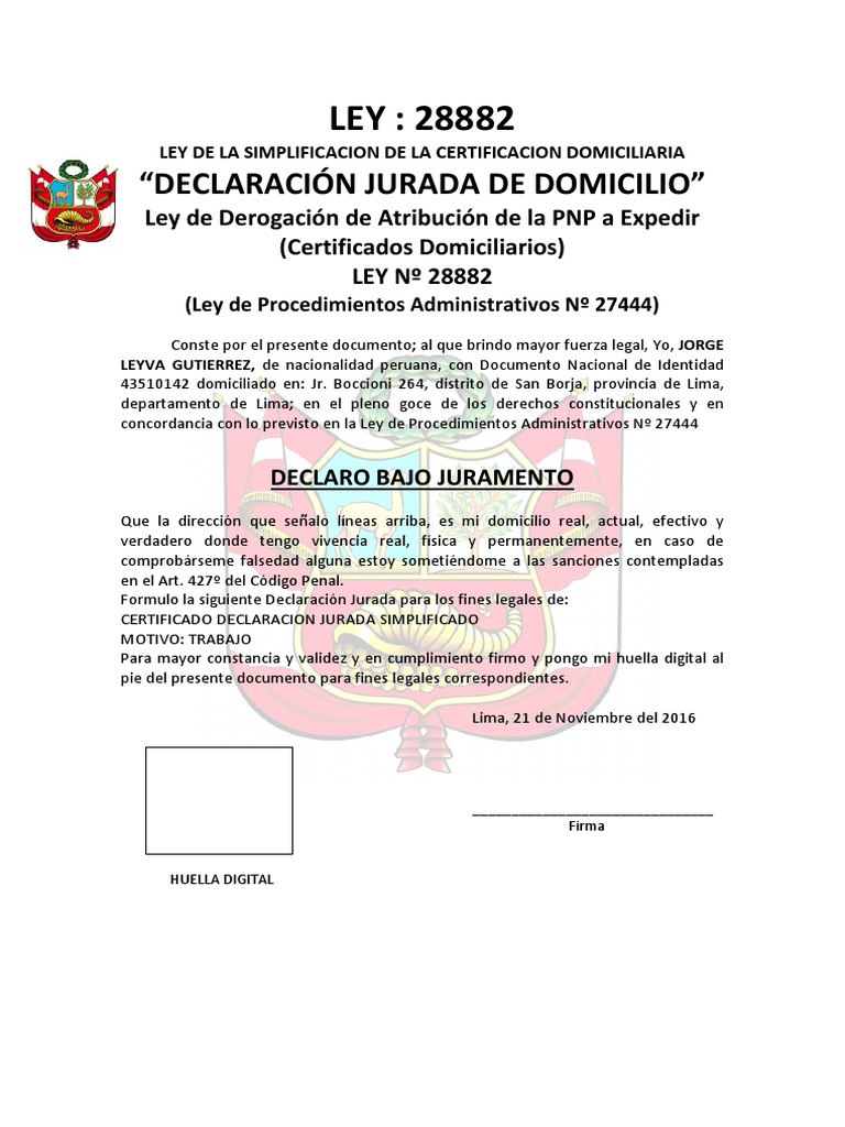 Declaracion Jurada de Domicilio para Llenar | PDF | Ley Pública | Instituciones sociales