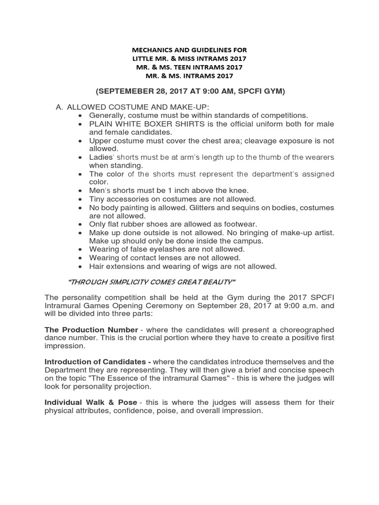 Intramural Pageant Guidelines 2017 | PDF | Human Body | Human Appearance