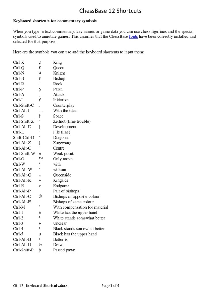 Chessbase 12 Shortcuts: Keyboard Shortcuts For Commentary Symbols | PDF ...