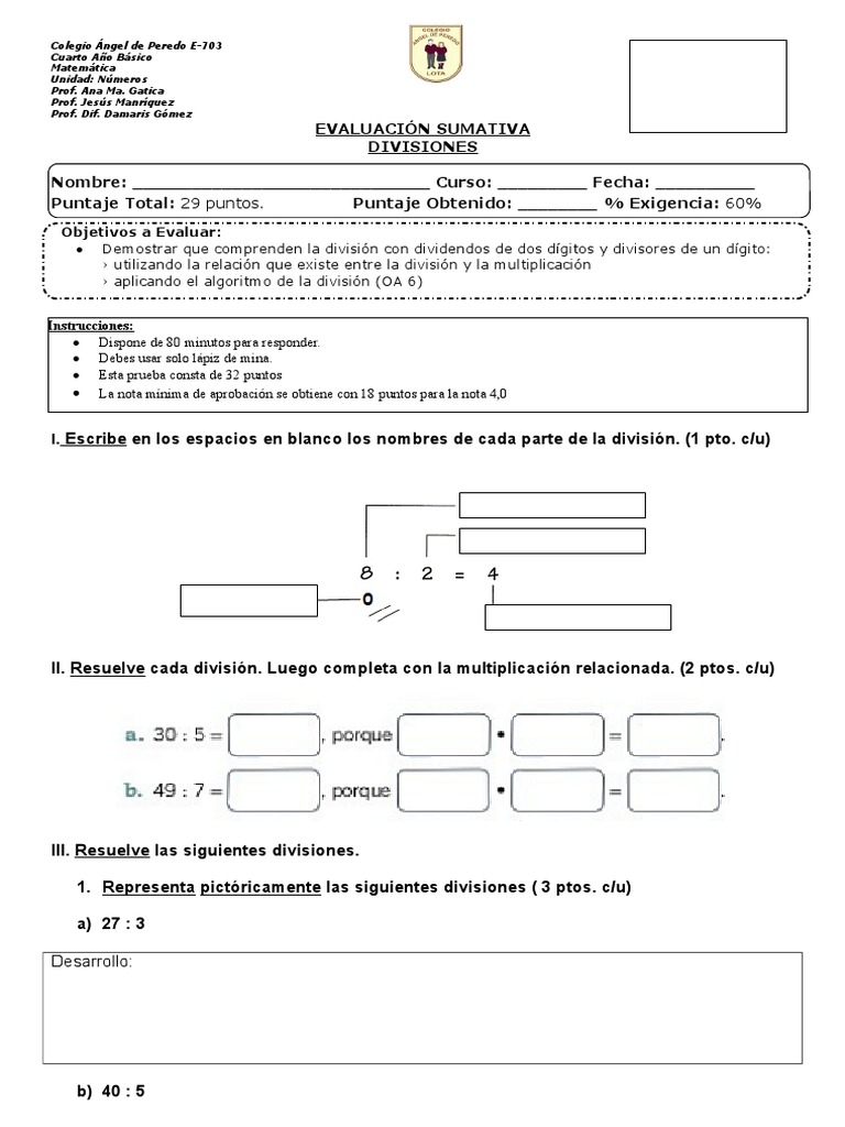 Prueba Division 4B | PDF | Enseñanza de matemática | Science