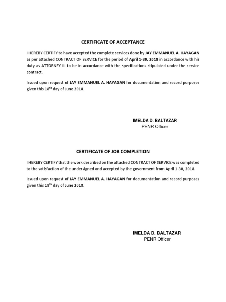 Certificate of Acceptance April