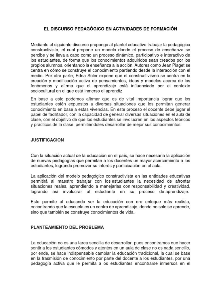 El Discurso Pedagógico en Actividades de Formación | PDF | Constructivismo (filosofía de la ...